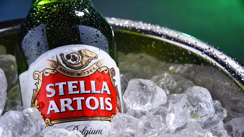 Lukk av en flaske Stella Artois-flaske på is