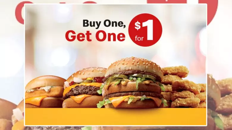 „McDonald's“ reklaminė nuotrauka, nusipirkusi vieną, gauk vieną už 1 USD
