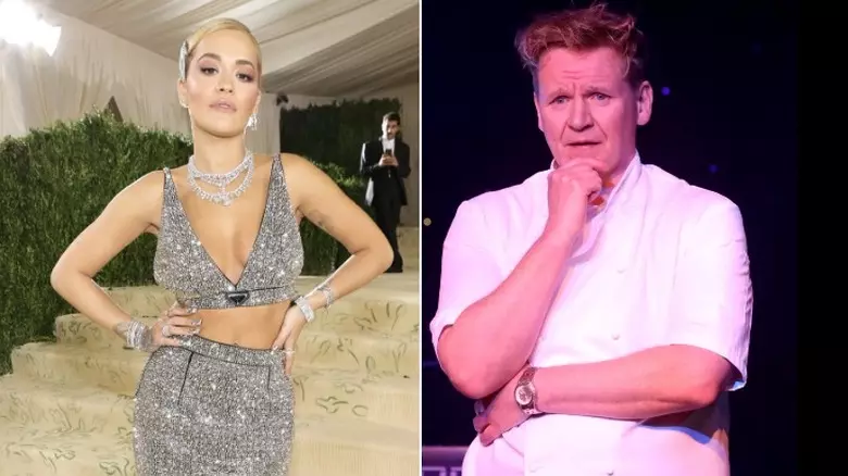 Rita Ora alfonbra gorrian posatzen, Gordon Ramsay nahasita begira