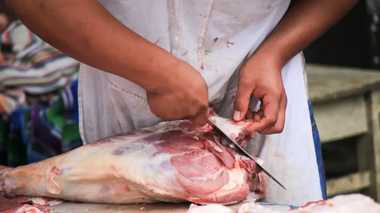 Operario de alimentación preparando carne