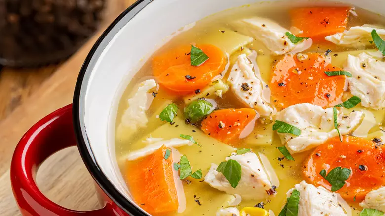 Sopa de fideos con pollo en un tazón rojo