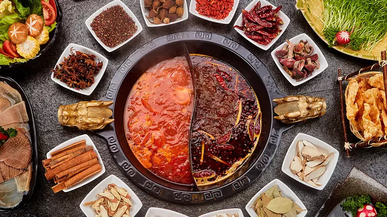 Chinesischer Hot Pot, umgeben von Zutaten