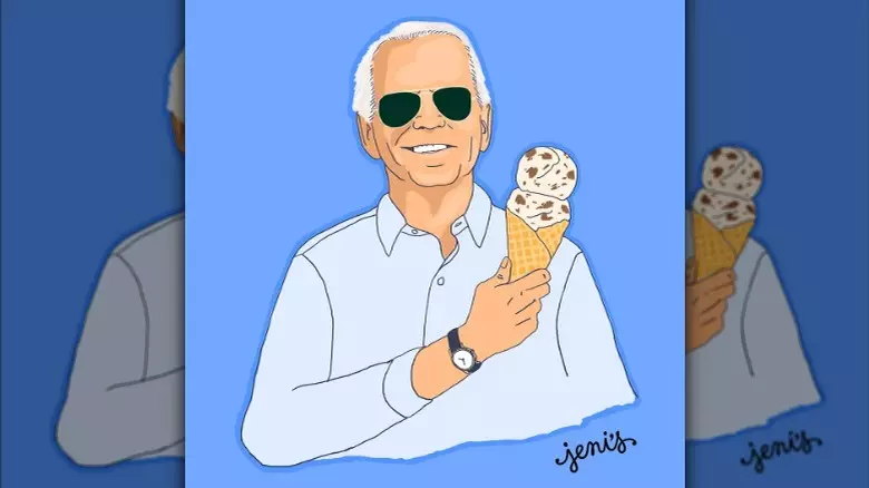 un'illustrazione del presidente Joe Biden che mangia un cono del gelato con gocce di cioccolato della casa bianca di Jeni