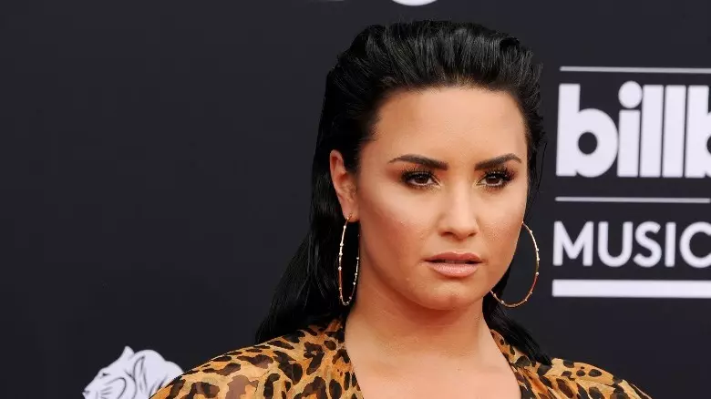 Demi Lovato sa leopard print, bangle nga mga ariyos, ug slicked back hair.