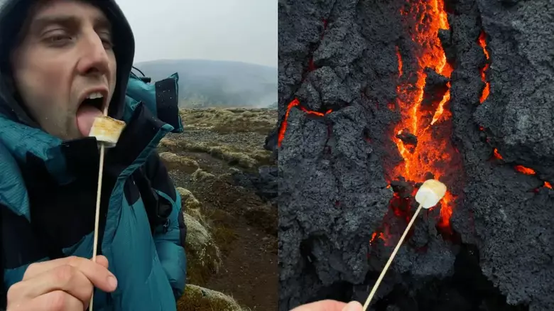 Nwoke na-ata marshmallow n'elu lava na Iceland