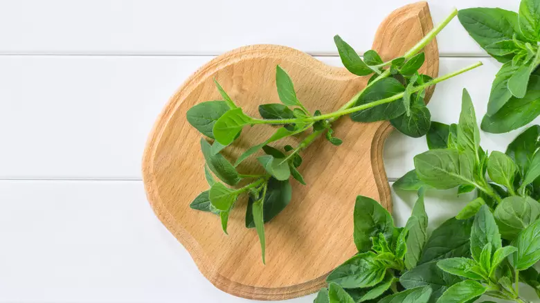 Oregano sprigs sa cutting board