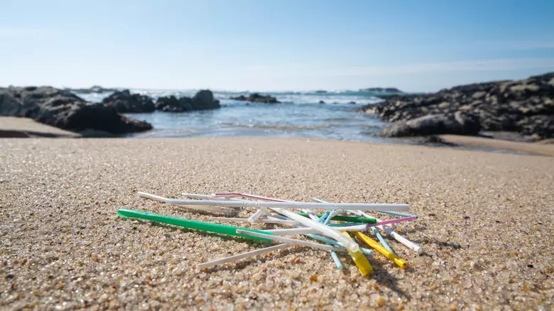 cannucce di plastica monouso sdraiate sulla spiaggia