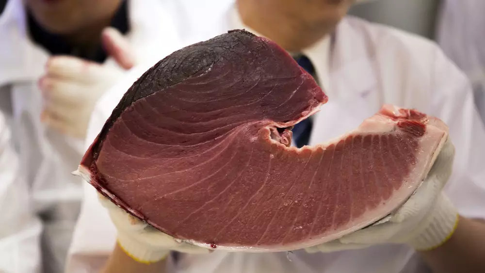 homem segurando um bife de atum rabilho