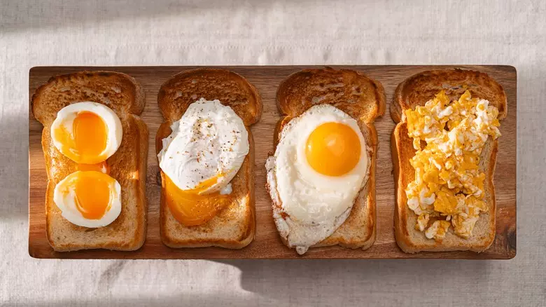 Ovos cozidos, escalfados, fritos e mexidos em fatias de torrada