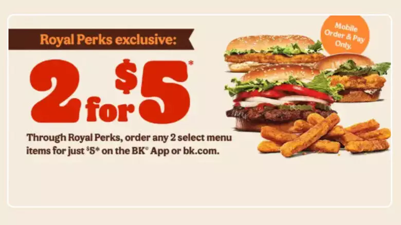 बर्गर किंग 2 $5 मध्ये मिक्स एन मॅच रॉयल पर्क्स डील