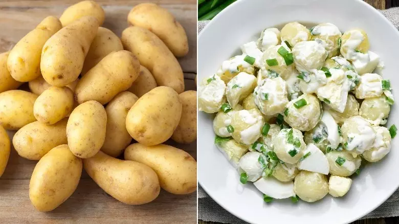 Patate novelle e ciotola di insalata di patate
