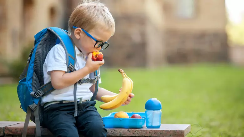 schooljongen die plastic lunchdoos eet