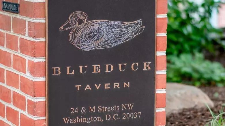 Một cột gạch với tấm bảng bằng đồng in Blue Duck Tavern