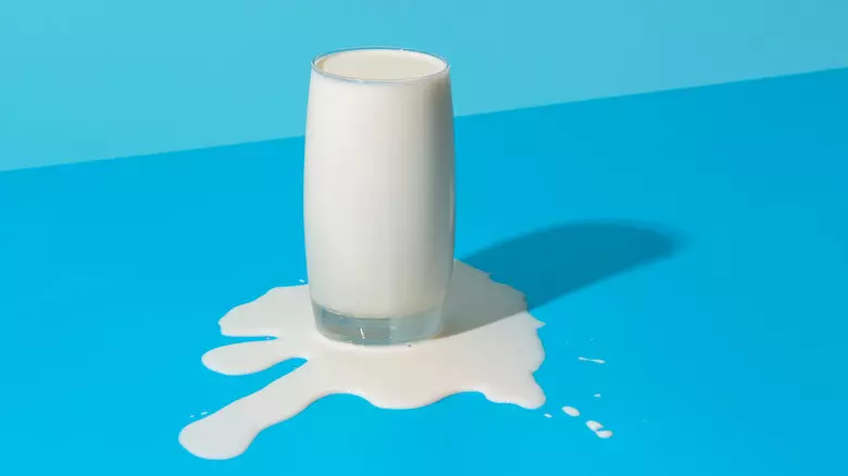 vaso de leite derramado sobre azul