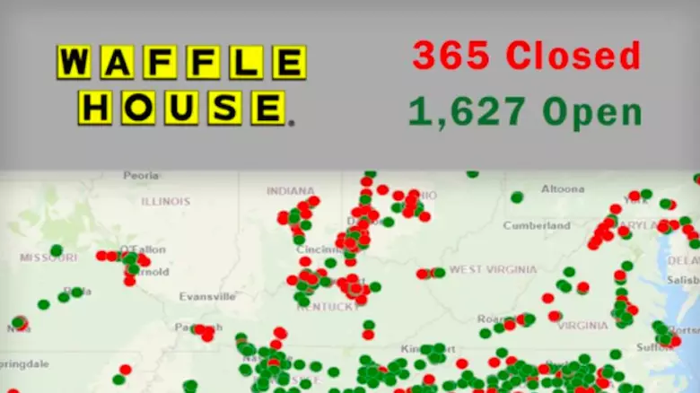 Mappa tal-postijiet magħluqa u miftuħa tal-Waffle House