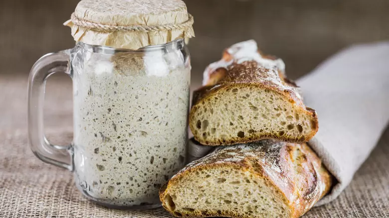 Entrée au levain dans une tasse à côté de miches de pain