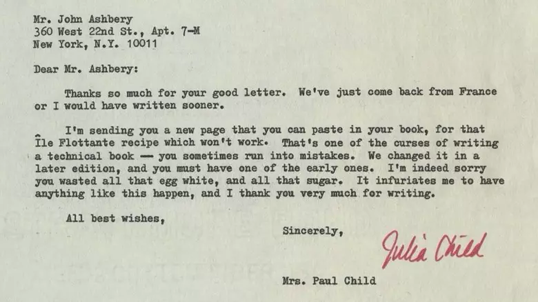 Carta de John Ashbery a Julia Child