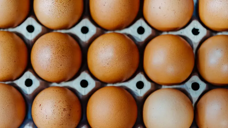 Oeufs bruns dans la coquille dans un carton