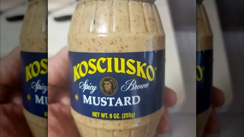 Lub thawv ntawm Plochman's Kosciusko thawj ntsim xim av mustard