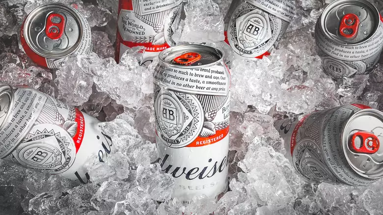 Botellas de cervexa Budweiser sobre xeo