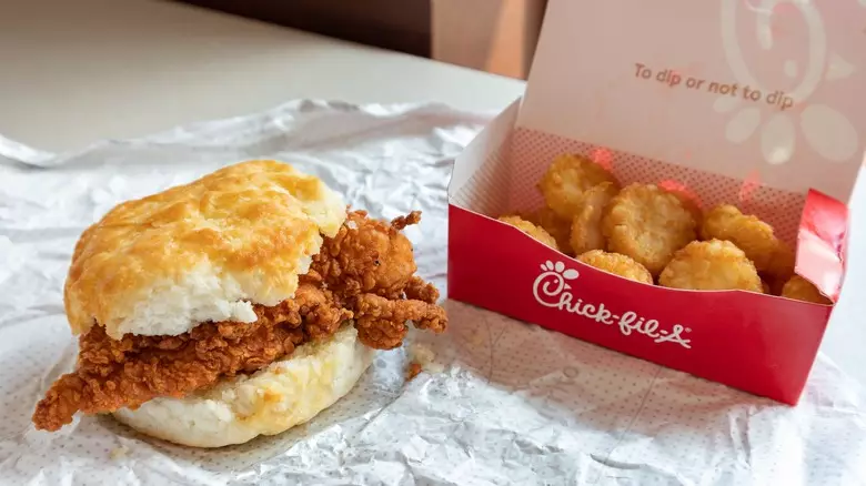 Chick-fil-A chicken biscuit at hash browns