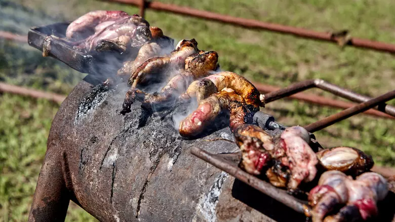 Ostras das Montañas Rochosas cociñando nun queimador de carbón ao aire libre nunha granxa durante a castración estacional de tenreiros novos