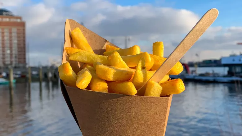 Segurando o cone de batatas fritas à beira-mar