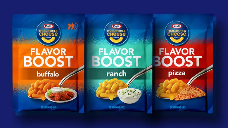 Peb flavors ntawm Kraft mac thiab cheese tsw boost pob ntawv