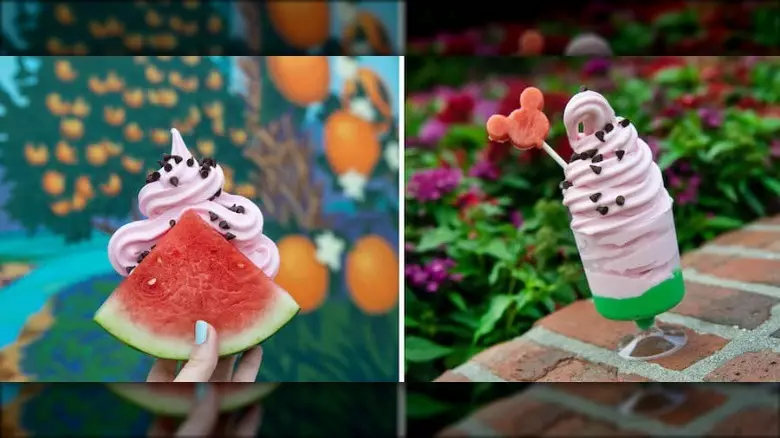 Vattenmelon dole piska i en vattenmelon skiva och i en kopp på disney springs