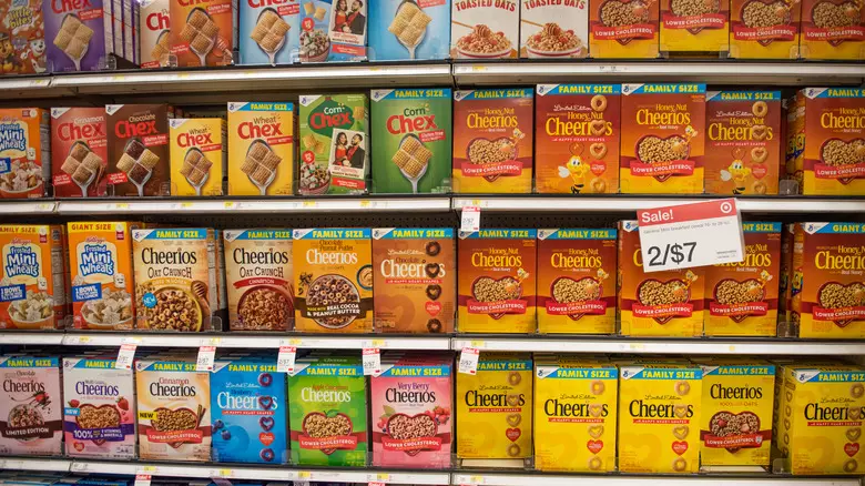 Shelf of General Mills cereal