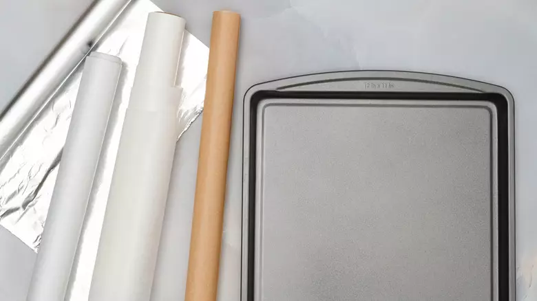 baking sheet, rolling pin, foil, ug parchment paper