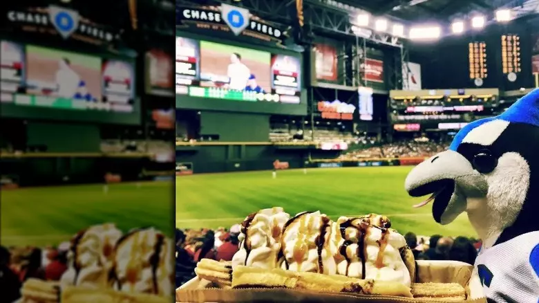 كلب Churro في Chase Field مع تميمة Toronto Blue Jays