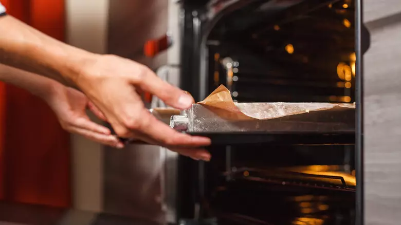 Vrouw zet voedsel in de oven